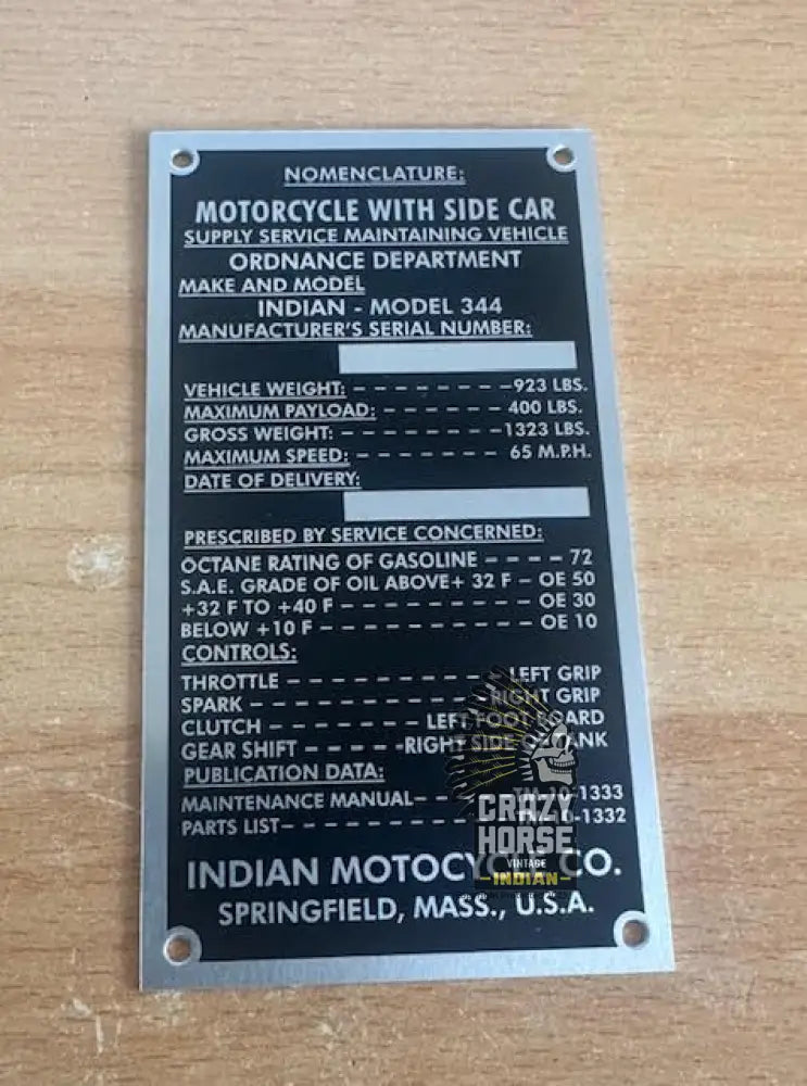 44963 TANK DATA PLATE 344 CHIEF – Crazyhorse Indian